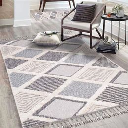 Hochflor-Teppich Carpet City "Valencia 731", blau (graublau, creme), B:200cm H:20mm L:290cm, Polypropylen, Teppiche, Hochflor-Teppich, L&auml;ufer, Boho-Stil, 3D-Effekt, Raute, Hoch-Tief-Struktur, mit Fransen