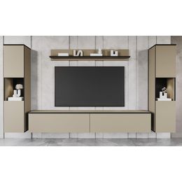 Wohnwand OTTO HOME "PARIS, Vitrine T&uuml;ranschlag links/rechts wechselbar", beige (congo, congo), B:260cm H:130cm T:33cm, Hartfaserplatte, Kastenm&ouml;bel-Sets, Wohnwand, TV-Wand 260cm breite, grifflose Design, stehend und h&auml;ngend montierbar
