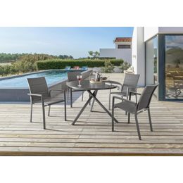 Garten-Essgruppe Destiny "COSTA BARLETTA", grau (anthrazit), Sitzm&ouml;bel-Sets, Garten-Essgruppe, 4 Stapelsessel Textilene, 1 Tisch &Oslash; 110x77 cm