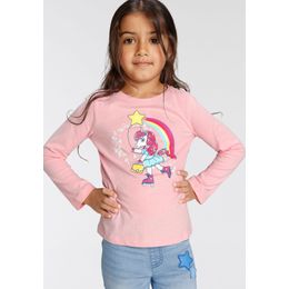 Langarmshirt Kidsworld "Einhorn auf Rollschuhen", M&auml;dchen, Gr. 140/146, rosa, Single Jersey, Obermaterial: 100% Baumwolle, bedruckt, Basic, Rundhals, abgesteppte Kante, Shirts Langarmshirt, Langarm, Basic-Passform, mit stylischem Druck und Glitzerdruck, Topseller