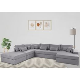 Wohnlandschaft OTTO HOME "Enid U-Form", grau (hellgrau), B:460cm H:75cm T:330cm, Baumwollmix (60% Baumwolle/40% Leinen);Struktur fein (100% Polyester);Samtoptik (100% Polyester);Samtvelours (100% Polyester);Struktur (100% Polyester);Struktur recycelt (100% recyceltes Polyester), Sofas, Wohnlandschaft, 6 Teile, bestehend aus Modulen, in vielen Bez&uuml;gen, auch in Breitcord