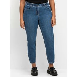 Stretch-Jeans sheego, Damen, Gr. 52, Normalgr&ouml;&szlig;en, blau (blau denim), 95% Baumwolle, 4% Elastomultiester, 1% Elasthan, unifarben, lang, Jeans Stretch-Jeans