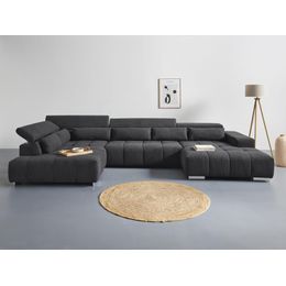 Wohnlandschaft COTTA "Orion U-Form", schwarz, B:409cm H:73cm T:225cm, 100% Polyester, Sofas, Wohnlandschaft, mit Kopfteilverstellung & 6 Nierenkissen