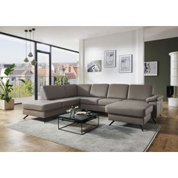 Wohnlandschaft DIE PLANBAR "PN-EM15047 U-Form, ohne Kopfst&uuml;tzen", artischocke, B:309cm H:88cm T:235cm, Sofas, Wohnlandschaft, Echtleder, wahlweise mit Bettfunktion u. Stauraum