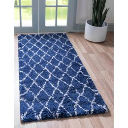Hochflor-L&auml;ufer "Temara Shag, LAGERR&Auml;UMUNG", blau (marineblau, elfenbeinfarben), B:79cm H:51mm L:305cm, Polypropylen (PP), MyFlair M&Ouml;BEL & ACCESSOIRES, Teppiche, Hochflor-L&auml;ufer, Teppich-L&auml;ufer, gewebt, Rauten Design, weich & kuschelig