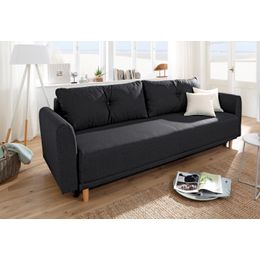 Schlafsofa Home Affaire "Scandic", schwarz, B:225cm H:93cm T:86cm, Zierkissen: 100% Polyester;Struktur ( 100% Polyester), Sofas, Schlafsofa, inkl. 2 Zierkissen und Bettkasten, Knopfheftung in R&uuml;ckenkissen