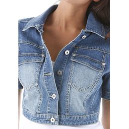 Jeansjacke Aniston CASUAL, Damen, Gr. 44, blau (blau, used), Web, Obermaterial: 98% Baumwolle, 2% Elasthan, unifarben, figurbetont kurz, normaler Saum, Jacken Jeansjacke, in Used-Washung