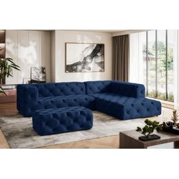Ecksofa Home Affaire "FOLLINA", blau (dunkelblau), B:325cm H:71cm T:228cm, 100% Polyester, Sofas, Ecksofa, L-Form, mit klassischer Chesterfield-Knopfheftung