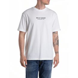 T-Shirt Replay, Herren, Gr. M, wei&szlig; (natural wei&szlig;), Jersey, Obermaterial: 100% Baumwolle, bedruckt, regular fit, Rundhals, abgesteppte Kante, Shirts T-Shirt, mit gro&szlig;em Backprint