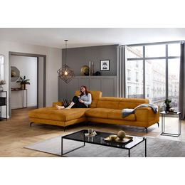 Ecksofa W.Schillig "piedroo, Designsofa mit tollem Sitzkomfort, L-Form", gelb (brandy s37), B:303cm H:70cm T:193cm, Stoff S37 (100% Polyester): Luxus-Microfaser in Lederoptik, Sofas, Ecksofa, Kopfteilverstellung, wahlweise mit Sitztiefenverstellung, Breite 303cm