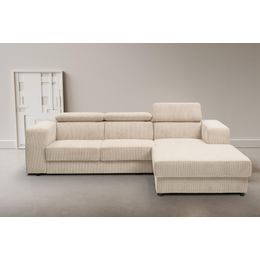 Ecksofa WERK2 "Cherry, modernes Sofa mit Komfortfunktionen, Breite 270cm, L-Form", beige (natur), B:270cm H:76cm T:192cm, 90% Polyester, 10% Nylon, Sofas, Ecksofa, bequem, mit verstellbaren Kopfteilen, Schlaffunktion und Bettkasten