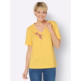 V-Shirt Classic Basics "V-Shirt", Damen, Gr. 52, bunt (gelb, pink), 100% Baumwolle, gebl&uuml;mt, gemustert, mehrfarbig, V-Ausschnitt, Shirts V-Shirt