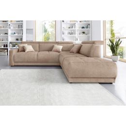 Ecksofa DOMO collection "Ava, moderne Sitzheftung mit toller Doppelnaht, komfortabel, L-Form", beige (natur), B:266cm H:84cm T:99cm, Kunstleder SOFTLUX;Struktur fein (100% Polyester);Zierkissen: Microfaser PRIMABELLE (100% Polyester);Struktur (100% Polyester);Microfaser PRIMABELLE (100% Polyester), Sofas, Ecksofa, mit Ottomane, inkl. Federkern, wahlweise mit Kopfteilverstellungen