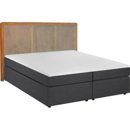 Boxspringbett Sit, grau (dunkelgrau, natur), B:200cm L:204cm, Geflecht Rattan, Massivholz, Polyester, Komplettbetten, Boxspringbett, Mit Rattan-Kopfteil