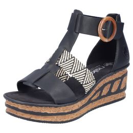 Keilsandalette Rieker, Damen, Gr. 40, schwarz (schwarz, creme), Bast, Lederimitat, Schuhe Keilsandalette, Sommerschuh, Plateausandalette, Sandale mit modischem 6 cm Keilabsatz