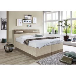 Boxspringbett, beige (dunkelbeige, beige), Ohne Topper, Liegefl&auml;che B/L: 90cm x 200cm, H2 + H2, Bonnell-Federkernmatratze, Bezug Obermatratze 100% Polyester, waschbar bis 60C;Bezug Unterbox und Kopfteil: Mikrofaservelours (100% Polyester), Westfalia Schlafkomfort, Komplettbetten, Boxspringbett, mit LED-Beleuchtung