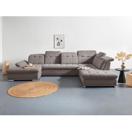 Wohnlandschaft COTTA "Holiday U-Form mit Sitztiefen-, Armteil- und Kopfteilverstellung", grau (elephant), B:386cm H:86cm T:265cm, 100% Polyester, Sofas, Wohnlandschaft, wahlweise mit Bettfunktion & Bettkasten