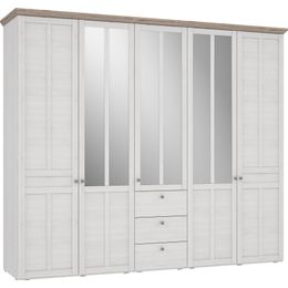 Kleiderschrank FORTE "Iloppa, Schlafzimmerschrank im Landhausstil", braun (schnee eiche, nelson eiche), B:254,4cm H:216,6cm T:62,1cm, FSC-zertifizierter Holzwerkstoff, Schr&auml;nke, Kleiderschrank, Ma&szlig;e: B/H/T ca. 254,4x216,6x62,1 cm, Schrank mit Spiegel