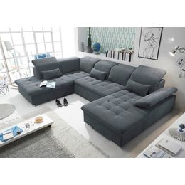 Wohnlandschaft ED EXCITING DESIGN "Wayne U-Form mit Bettfunktion, Bettkasten", grau (anthrazit, uran 04 anthrazit), B:340cm H:104cm T:240cm, 95% Polyester, 5% Nylon, Sofas, Wohnlandschaft, Arm- und Kopfteilverstellung & 3 Nierenkissen