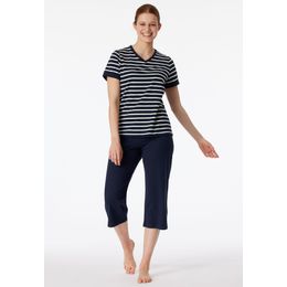 Schlafanzug Schiesser "Casual Essentials", Damen, Gr. 46, blau (804, nachtblau), Single Jersey, Obermaterial: 100% Baumwolle, gestreift, unifarben mit Farbeinsatz, regular fit 3/4-L&auml;nge, V-Ausschnitt, Homewear-Sets Schlafanzug, mit modisch umgeschlagenen &Auml;rmeln
