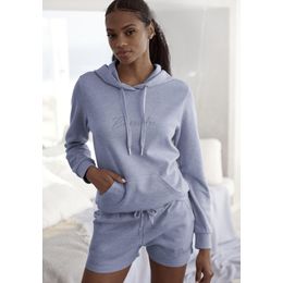 Kapuzensweatshirt BENCH. LOUNGEWEAR, Damen, Gr. 44/46, blau (hellblau meliert), Interlock, Obermaterial: 52% Baumwolle, 48% Polyester, bestickt, meliert, unifarben, Basic, bequem h&uuml;ftlang, Rippb&uuml;ndchen, Sweatshirts Kapuzensweatshirt, mit gl&auml;nzender Logostickerei, Loungewear, Loungeanzug, Topseller