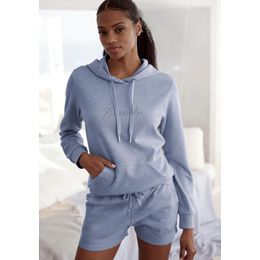 Kapuzensweatshirt BENCH. LOUNGEWEAR, Damen, Gr. 32/34, blau (hellblau meliert), Interlock, Obermaterial: 52% Baumwolle, 48% Polyester, bestickt, meliert, unifarben, Basic, bequem h&uuml;ftlang, Rippb&uuml;ndchen, Sweatshirts Kapuzensweatshirt, mit gl&auml;nzender Logostickerei, Loungewear, Loungeanzug, Topseller