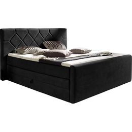 Boxspringbett Home Affaire "Atlanta", schwarz, B:180cm L:221cm, Kunststoff, Massivholz, Stoff, Komplettbetten, Boxspringbett, inklusive Topper und Bettkasten