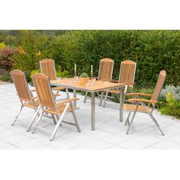 Garten-Essgruppe Merxx "Keros", braun, B:60cm H:118cm T:105cm, Edelstahl, FSC-zertifiziertes Massivholz, Sitzm&ouml;bel-Sets, Garten-Essgruppe, 6 Klappsessel mit Tisch