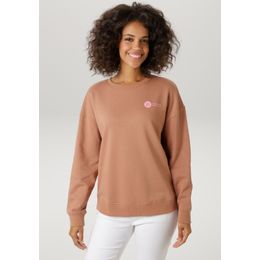 Sweatshirt Aniston CASUAL, Damen, Gr. 36, braun, pink, angeraute Sweatware, Obermaterial: 80% Baumwolle, 20% Polyester, bedruckt, beschichtet, l&auml;ssig geschnitten h&uuml;ftbedeckend, Rundhals, Rippb&uuml;ndchen, Sweatshirts Sweatshirt, hinten mit Applikationen, Stickerei und Schriftz&uuml;gen
