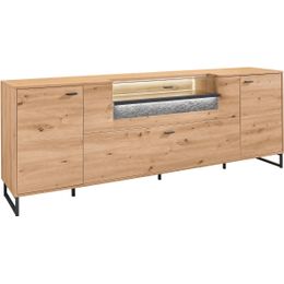 TV-Schrank "Deltona", braun, B:228,6cm H:82,9cm T:43,8cm, Holzwerkstoff, SET ONE BY Musterring, Schr&auml;nke, TV-Schrank, inkl. LED-Beleuchtung, Metallkufe, Sandstein-Zierelement, B229 x H83cm