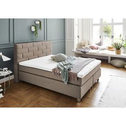 Boxspringbett, beige (schwarz, beige), B:155cm L:210cm, Bezug Bett: Feinstruktur 100% Polyester;Bezug Bonnell-Federkernmatratze: 100% Polyester;Bezug Kaltschaummatratze: 100% Polyester;Bezug Tonnentaschenfederkernmatratze: 80% Baumwolle, 20%Polyester;Topper: Komfortschaum mit Bezug 100% Polyester, Westfalia Schlafkomfort, Komplettbetten, Boxspringbett, mit Topper