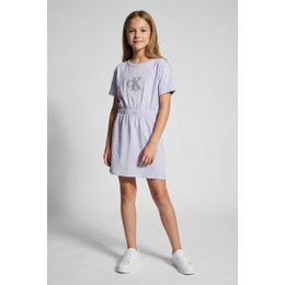 Jerseykleid Calvin Klein Jeans "MONOLOGO METALLIC T-SHIRT DRESS", M&auml;dchen, Gr. 16 (176), N-Gr, lila, Jersey, Obermaterial: 94% Baumwolle, 6% Elasthan, unifarben, relaxed fit kniefrei, Rundhals, abgesteppt, Kleider Jerseykleid, mit gl&auml;nzendem Logo