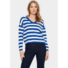 Strickpullover Saint Tropez "FikamSZ V-Neck", Damen, Gr. XS (34), blau (surf blau), Strick, Obermaterial: 52% Viskose, 28% Polyester, 20% Polyacryl, gestreift, relaxed fit, V-Ausschnitt, Pullover Strickpullover