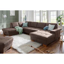 Wohnlandschaft Home Affaire "Puccini U-Form", braun, B:340cm H:86cm T:224cm, Luxus-Microfaser (100% Polyester);Luxus-Microfaser ALTARA NUBUCK (100% Polyester);Luxus-Microfaser Lederoptik (100% Polyester), Sofas, Wohnlandschaft, mit Federkern, Sitztiefenverstellung, Kontrastnaht