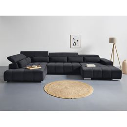 Wohnlandschaft COTTA "Orion U-Form", schwarz, B:409cm H:73cm T:225cm, 90% Polyester, 10% Polyamid, Sofas, Wohnlandschaft, mit Kopfteilverstellung & 6 Nierenkissen