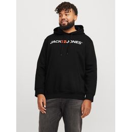 Jack & Jones PlusSize Kapuzensweatshirt "JJECORP OLD LOGO SWEAT HOOD NOOS PLS", Herren, Gr. 5XL, schwarz (schwarz detail:reg fit), angeraute Sweatware, Obermaterial: 80% Baumwolle, 20% Polyester, JACK & JONES PLUSSIZE, bedruckt, regular fit taillenbedeckt, ohne Ausschnitt, Rippb&uuml;ndchen, Sweatshirts Kapuzensweatshirt, mit Logo Print