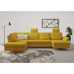 Wohnlandschaft Home Affaire "Palm Beach U-Form", braun (messing), B:347cm H:89cm T:224cm, 98%Polyester, 2%Polyamid, Sofas, Wohnlandschaft, Federkern, mit Sitztiefenverstellung, wahlweise mit Bettfunktion