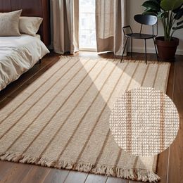 Teppich ELLE DECORATION "Juteteppich Sierra", natur, elfenbein, gold, B:200cm H:10mm L:300cm, Jute, Teppiche, Teppich, Jute, Natur, Wohnzimmer, Esszimmer, Schlafzimmer, Flur, Boho, Fransen