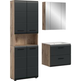 Badezimmer-Set Welltime, nox oak nb, sschwarz matt, B:135cm H:185cm T:46cm, Holzwerkstoff, MDF, Kastenm&ouml;bel-Sets, Badezimmer-Set, Florenz, Badkombination 4-tlg.,Nox Oak NB, inkl. Waschbecken