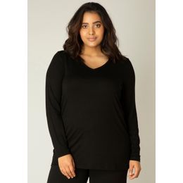 Langarmshirt Base Level Curvy "Alize", Damen, Gr. 52, schwarz, Jersey, Obermaterial: 94% Viskose, 6% Elasthan, unifarben, figurbetont h&uuml;ftbedeckend, V-Ausschnitt, eingesetzt abgesteppt, Shirts Langarmshirt, Weiche, leicht gl&auml;nzende Qualit&auml;t