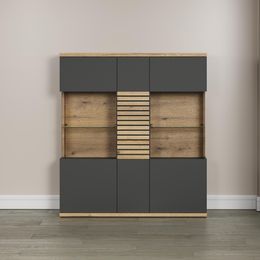 Highboard Inosign "Galway", schwarz (wei&szlig;, neutral), B:131cm H:147cm T:38cm, FSC-zertifizierter Holzwerkstoff, Sideboards, Highboard, Breite Wohnzimmervitrine in angesagter Rillenoptik - Soft-Close
