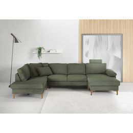 Wohnlandschaft 3C CANDY "Lecce, wahlweise PUR-Schaumstoff oder Tonnentaschenfederkern U-Form", gr&uuml;n (oliv), B:339cm H:86cm T:220cm, 95% Polyester, 5% Nylon, Sofas, Wohnlandschaft, Bettkasten in Umbauecke und Longchair, sowie Querschl&auml;fer im 2-Sitzer
