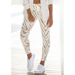 Leggings Lascana, Damen, Gr. 44/46, N-Gr, beige (creme), Jersey, Obermaterial: 95% Baumwolle, 5% Elasthan, gemustert, figurbetont lang, Hosen Leggings, mit Zebramuster und breitem Bund, Loungewear, Topseller