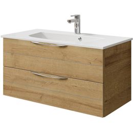 Waschtisch SAPHIR "Serie 6025 Mineralmarmor-Waschtisch mit Unterschrank, 97 cm breit", braun (riviera eiche, riviera eiche quer nb), B:97cm H:49,9cm T:48cm, Waschtische, Waschtisch, Waschplatz mit 2 Schubladen, h&auml;ngend, verschiedene Ausf&uuml;hrungen