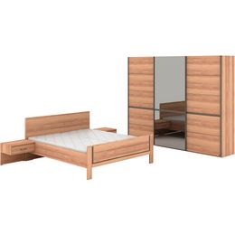 Schlafzimmer-Set Musterring "Sorrent, Kleiderschrank, Bett & Nachtkommoden, teilmassiv Eiche", braun, Schrank 300cm Breit / 236cm Hoch + ohne Matratze, B/H: 180cm x 200cm, Schrank 300cm Breit / 236cm Hoch, Glas, Hartfaserplatte, Holz teilmassiv, Holzwerkstoff, Massivholz, Schlafzimmerm&ouml;bel-Sets, Schlafzimmer-Set, mit Schwebet&uuml;renschrank, Bett mit Stollenfu&szlig;, Breite Schrank 300 cm