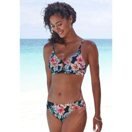 Triangel-Bikini-Top Lascana "Salsa", Damen, Gr. 36, Cup C/D, schwarz (schwarz bedruckt), Microfaser, Recycling-Polyamid, bedruckt, gebl&uuml;mt, Bikini-Oberteile Triangel-Bikini-Top, mit Zierring und tollem Blumenprint