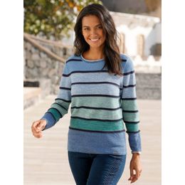 Rundhalspullover Casual Looks "Pullover", Damen, Gr. 48, blau (mittelblau, gr&uuml;n, geringelt), 75% Baumwolle, 25% Polyacryl, gemustert, gestreift, mehrfarbig, Pullover Rundhalspullover