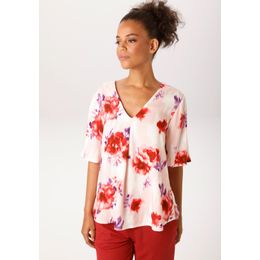 Schlupfbluse Aniston CASUAL, Damen, Gr. 42, rosa, wollwei&szlig;, rot, dunkelrot, lila, flieder, Web, Obermaterial: 100% Viskose, bedruckt, gebl&uuml;mt, l&auml;ssig geschnitten h&uuml;ftbedeckend, V-Ausschnitt, weit, Blusen Schlupfbluse, mit romantischen Bl&uuml;ten bedruckt - NEUE KOLLEKTION, Topseller