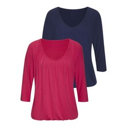 3/4-Arm-Shirt Lascana "mit zarter Raffung am Ausschnitt", Damen, Gr. 48/50, pink (pink, navy), Jersey, Obermaterial: 95% Viskose (LENZING&trade; ECOVERO&trade;), 5% Elasthan, unifarben, Basic, figurumspielend normal, V-Ausschnitt, angeschnitten, Shirts 3/4-Arm-Shirt, aus weichem Viskose-Stretch, Topseller