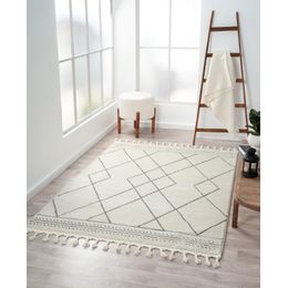 Hochflor-Teppich "Moroccan Design, LAGERR&Auml;UMUNG", grau (wei&szlig;, grau), B:140cm H:24mm L:200cm, Polyester, Polypropylen (PP), MyFlair M&Ouml;BEL & ACCESSOIRES, Teppiche, Hochflor-Teppich, modern, marokkanisches Design, Rauten Muster, weich, mit Fransen